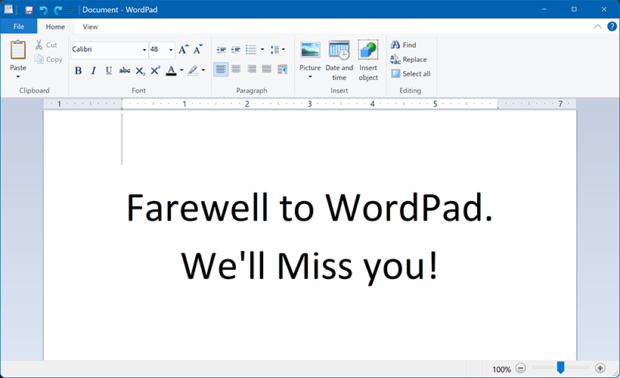 “WordPad is no longer updated and will be removed in a future version ...